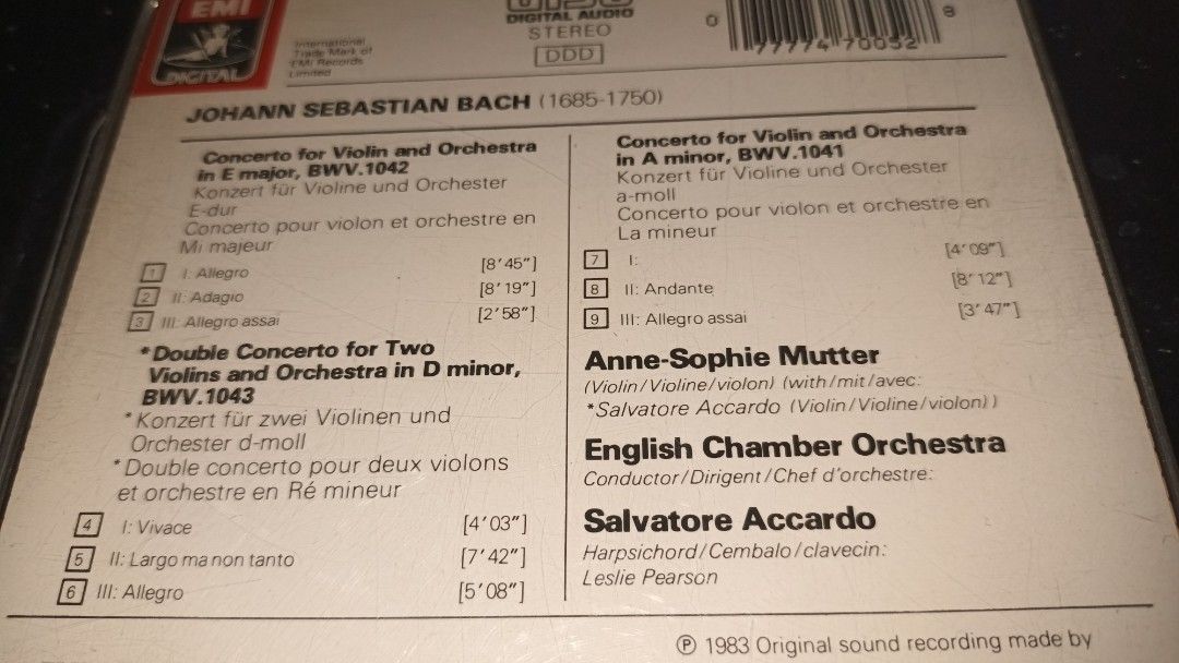 古典名盤 西德版 ANNE-SOPHIE MUTTER SALVATORE ACCARDO BACH VIOLIN CONCERTOS 頭版 CD, 興趣及遊戲, 音樂樂器 & 配件, 音樂與 ...