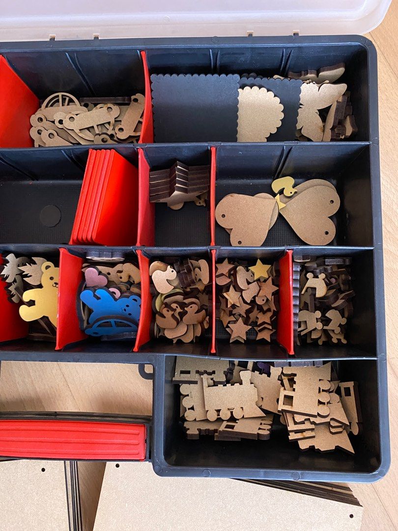 Assorted wooden shapes & plaques for crafting (Storage box included ...