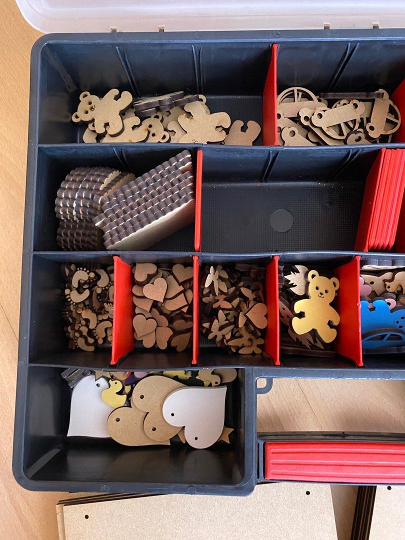 Assorted wooden shapes & plaques for crafting (Storage box included ...