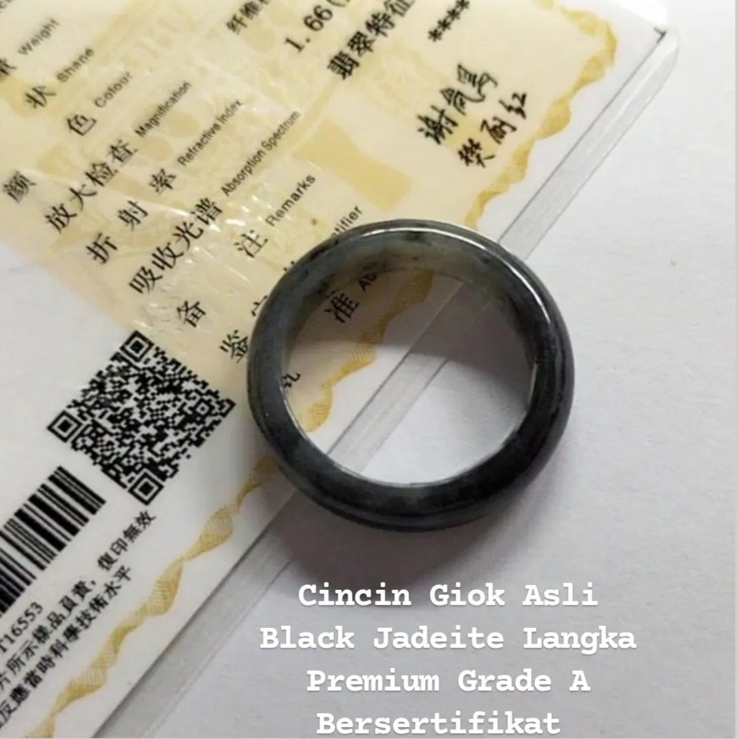 Cincin Giok Hitam 17,7mm Jadeite Premium Natural Grade A Bersertifikat (7480), Fesyen Wanita ...