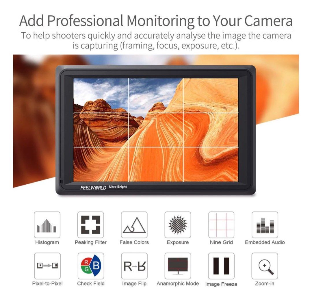FEELWORLD FW279S 7 INCH ULTRA BRIGHT 2200NIT DAYLIGHT VIEWABLE DSLR ...