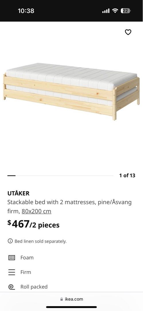 IKEA UTAKER bed with mattresses, Furniture & Home Living, Furniture ...