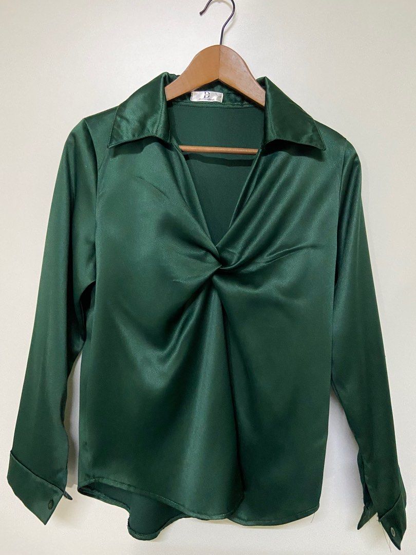 Satin Blouse in Emerald Green, Women's Fashion, Tops, Blouses on Carousell