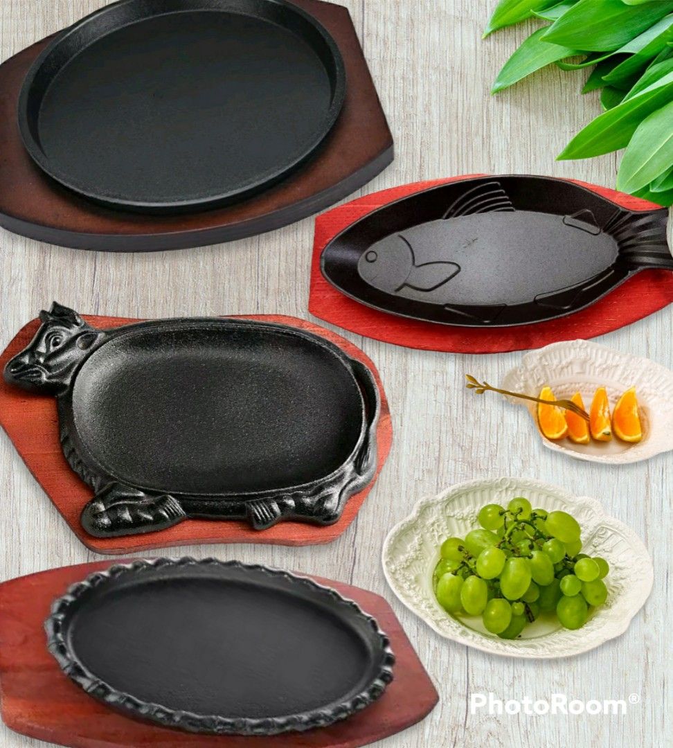 Sizzling plate sisig plate cast iron with wooden base steak grill plate ...