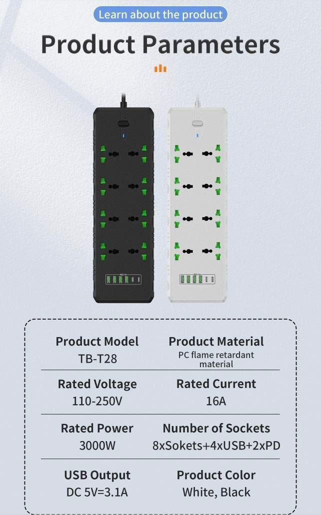 Socket surge protect 8 Port power strip with 4x 3.1A USB port & 2 PD ...