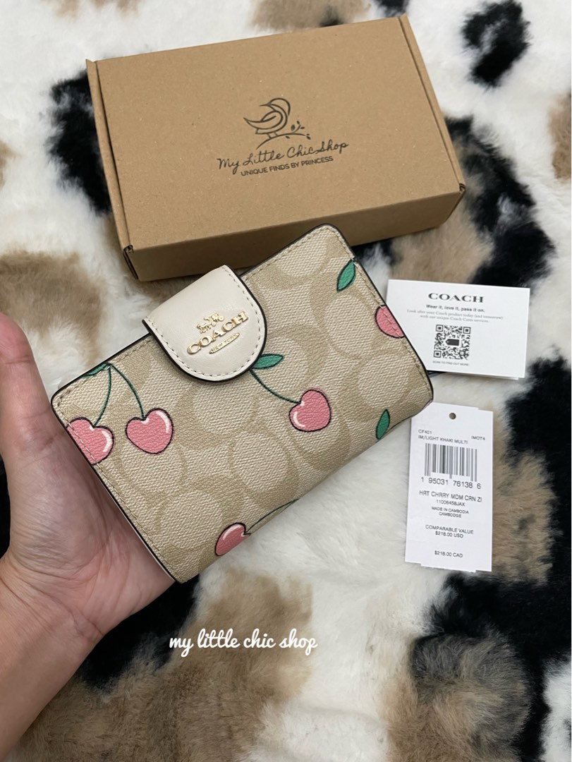 coach medium corner zip wallet in signature canvas w heart cherry print ...