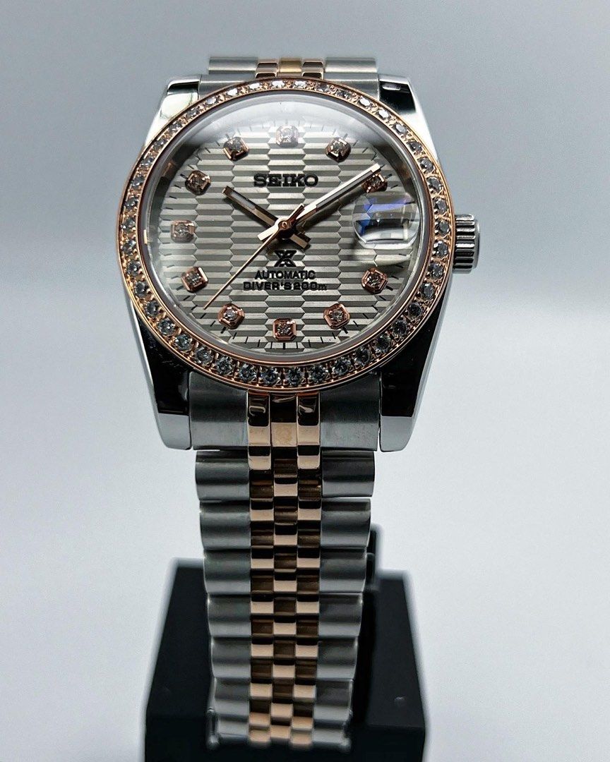Custom Seiko Mod 36mm 2-Tone Rose Gold Fluted Double Diamond DateJust ...