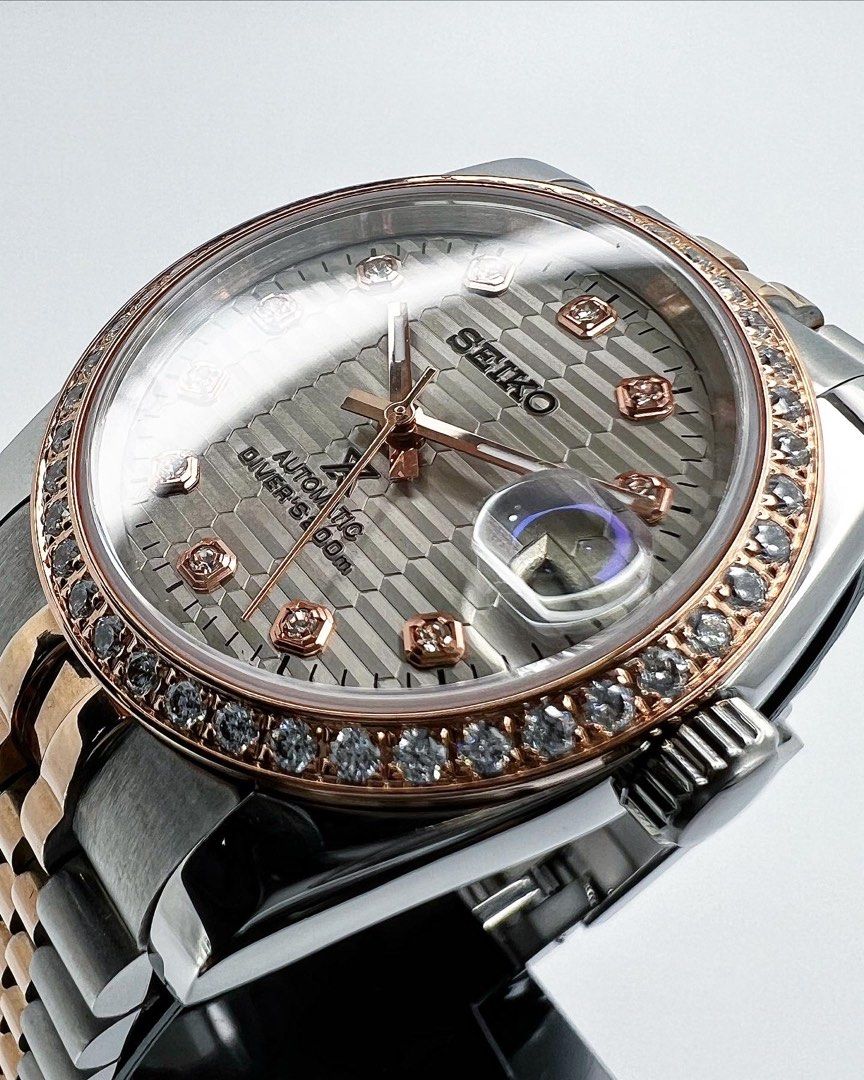 Custom Seiko Mod 36mm 2-Tone Rose Gold Fluted Double Diamond DateJust ...