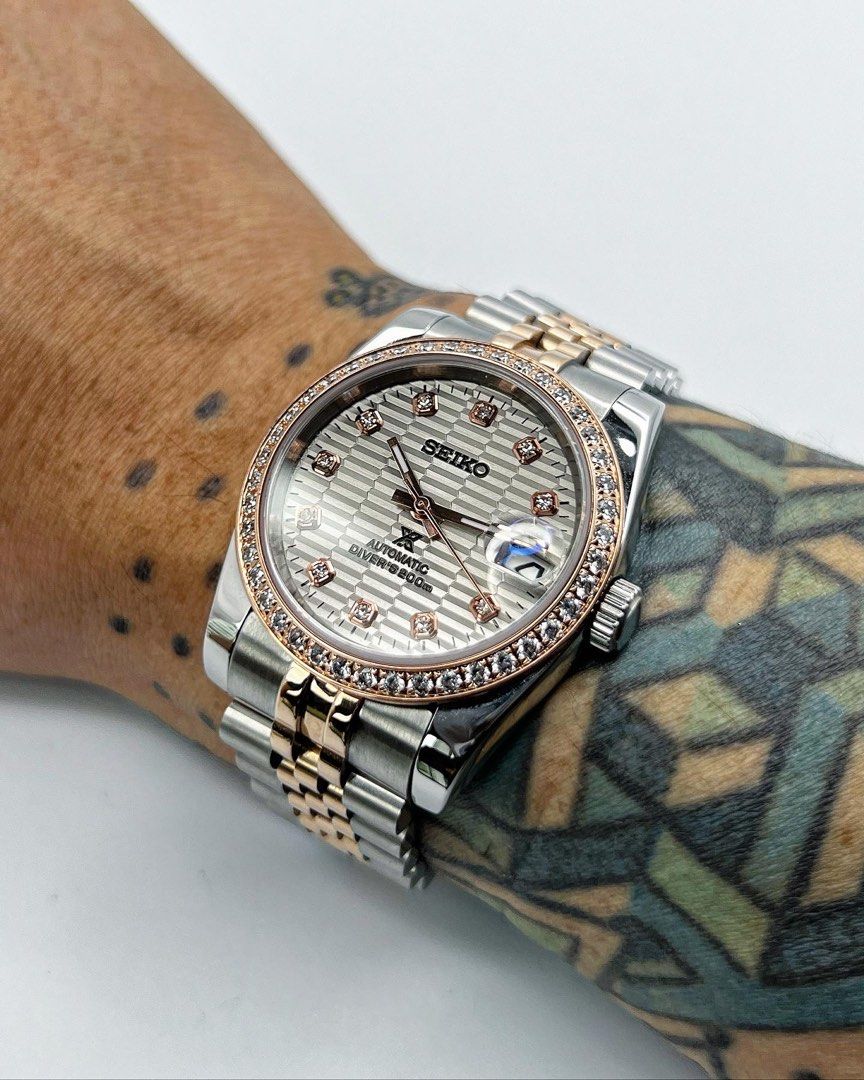 Custom Seiko Mod 36mm 2-Tone Rose Gold Fluted Double Diamond DateJust ...