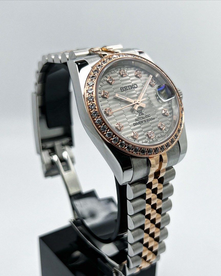 Custom Seiko Mod 36mm 2-Tone Rose Gold Fluted Double Diamond DateJust ...