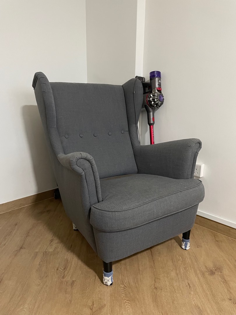 Ikea STRANDMON wing chair dark grey, Furniture & Home Living, Furniture ...
