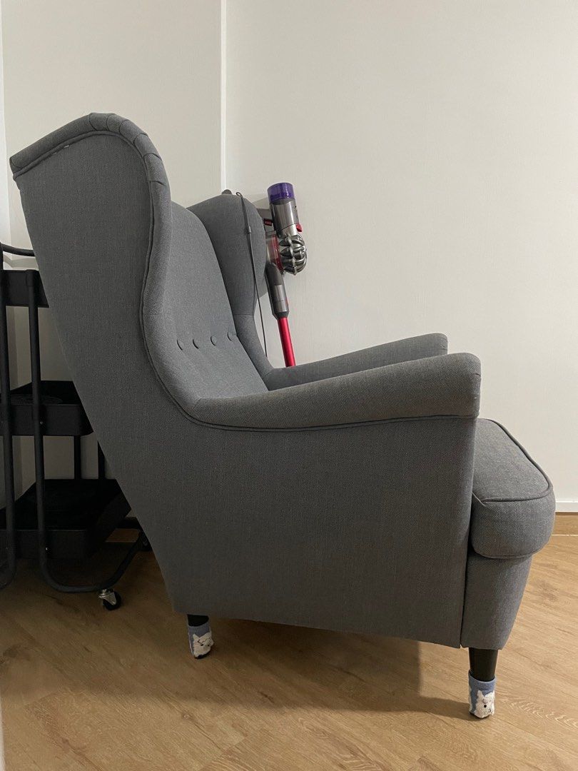 Ikea STRANDMON wing chair dark grey, Furniture & Home Living, Furniture ...