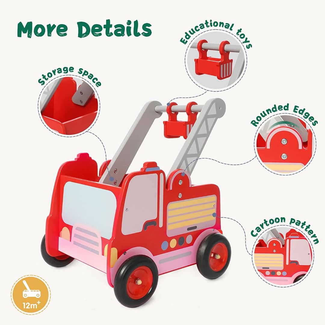 Red Fire Truck Wooden Baby Push Walker - 2-in-1 Toddler Push & Pull ...