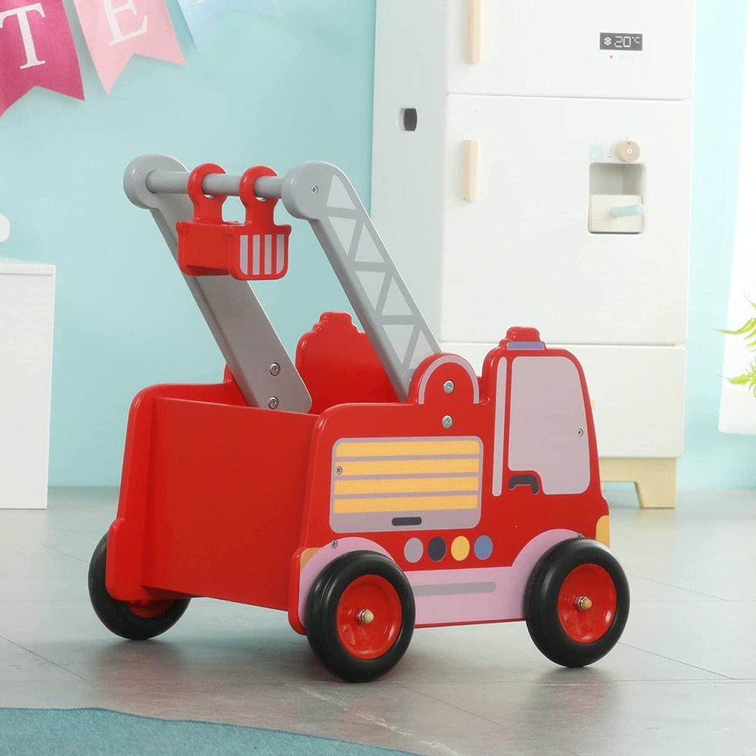 Red Fire Truck Wooden Baby Push Walker - 2-in-1 Toddler Push & Pull ...