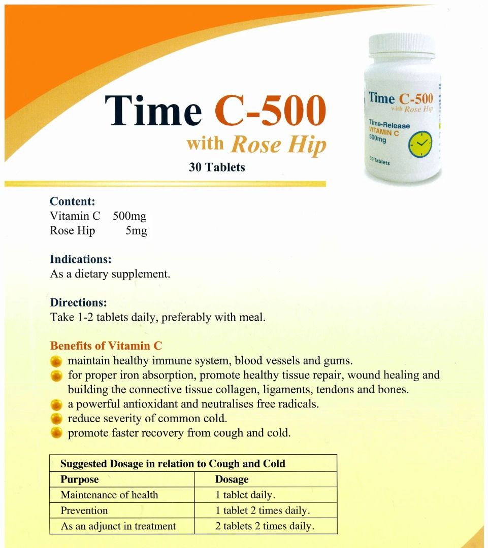 Time C-500 Vitamin C w/ Rose Hip Supplement Tablets 30's - 500mg Time ...