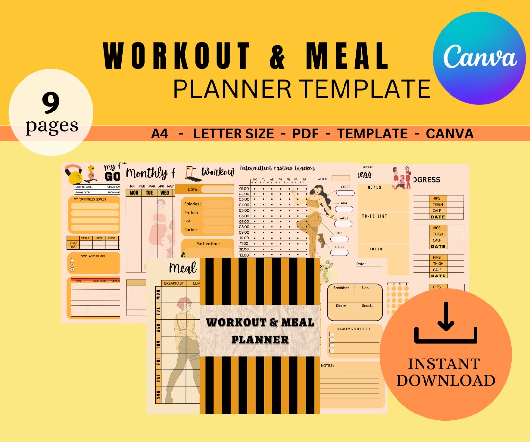 Workout & Meal Planner,CANVA printable and editable planner, mustard ...