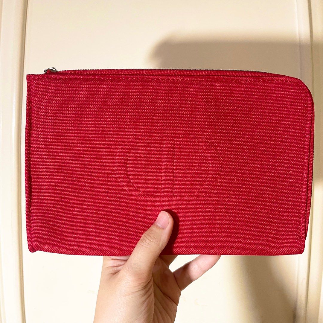 AUTHENTIC Dior red canvas corner zipper clutch bag makeup pouch travel ...