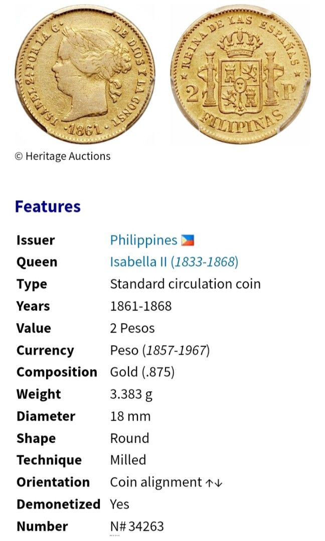 Authentic GOLD ISABEL COIN 2P 1862, Hobbies & Toys, Memorabilia ...