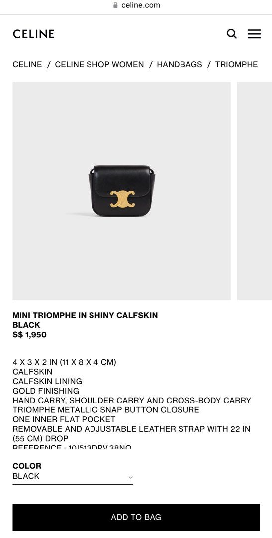 Celine mini triomphe in shiny calfskin, Women's Fashion, Bags & Wallets ...
