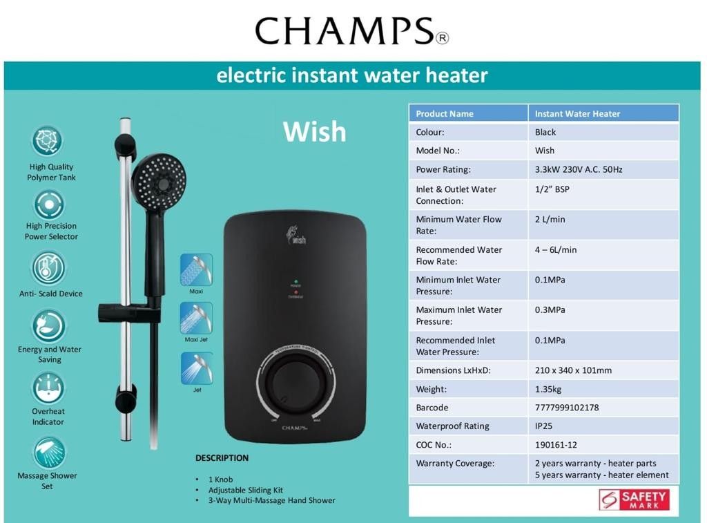 CHAMPS- Wish( Matt Black ) Instant Water Heater, Water Heater With ...