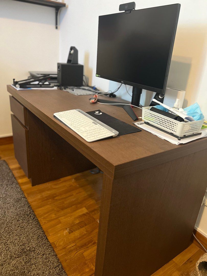 IKEA malm desk with storage, Furniture & Home Living, Furniture, Tables ...