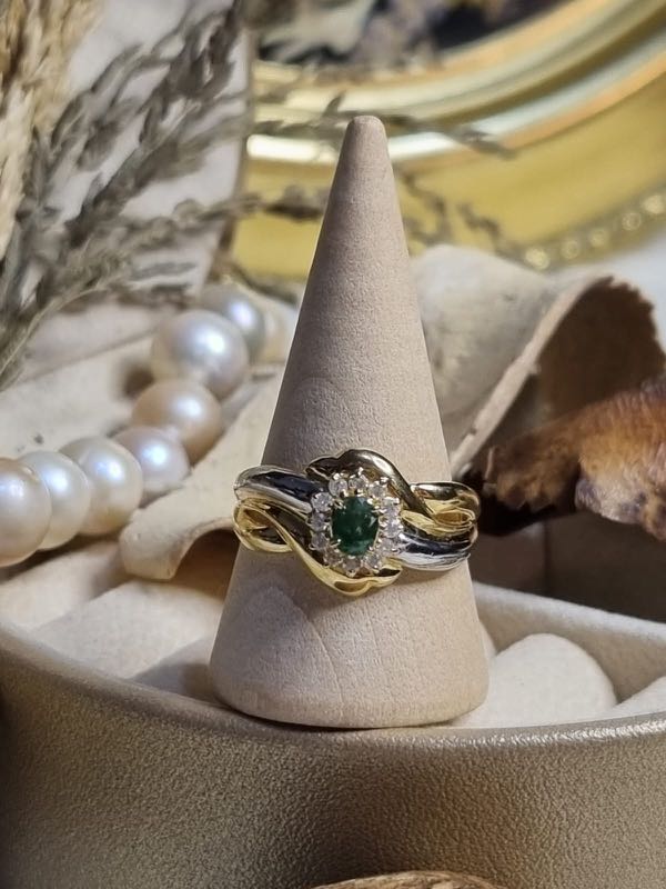 K18 Japan Gold and PT900 Platinum Emerald Diamond Halo Ring, Women's ...