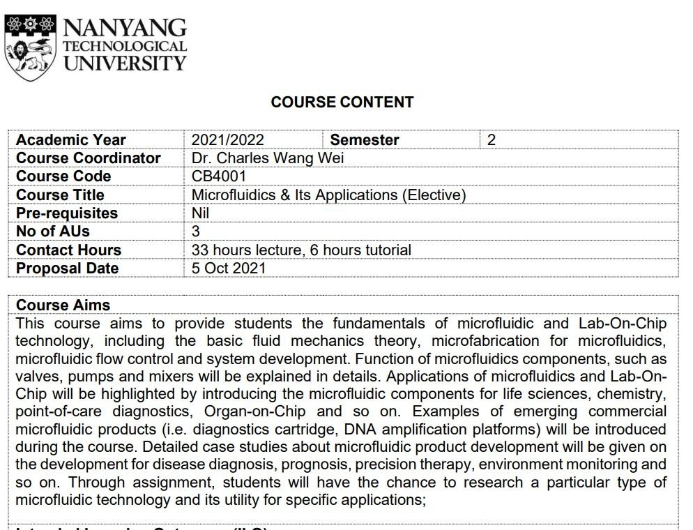 NTU CH4001 Microfluidics & Its Application (Nanyang Technological ...