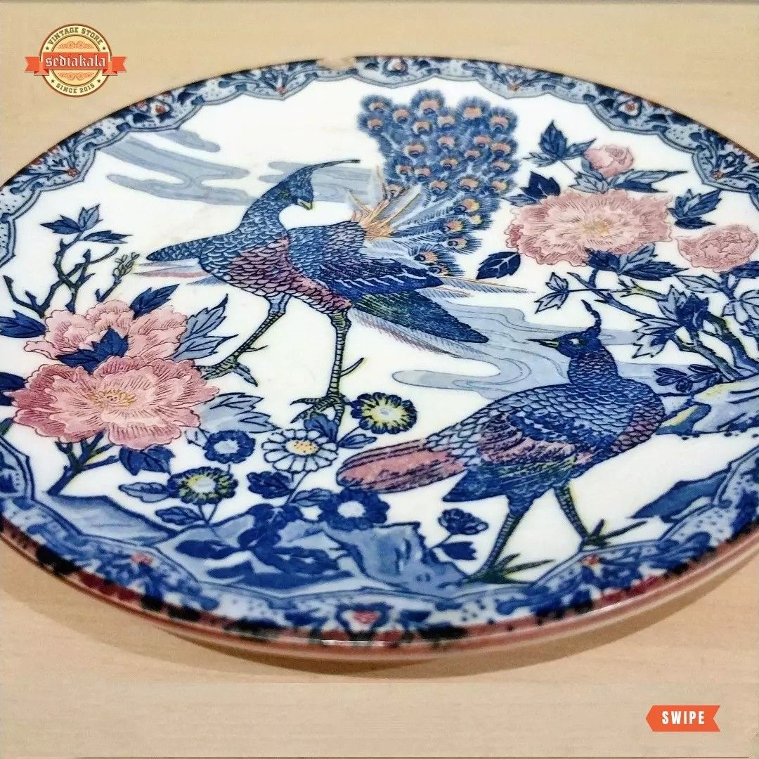 Piring Keramik Antik Asahi Japan 1930, Motif Burung Merak dan Bunga, 15 ...