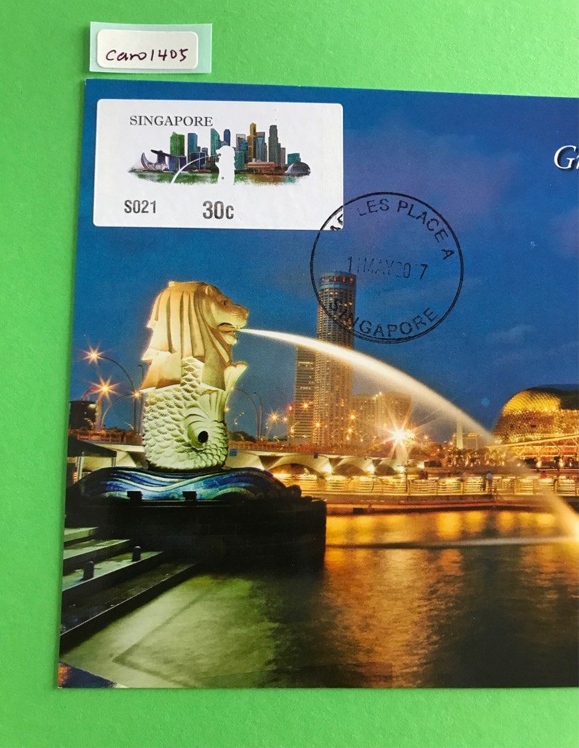 Singapore postcard featuring Merlion and Marina Bay waterfront view ...