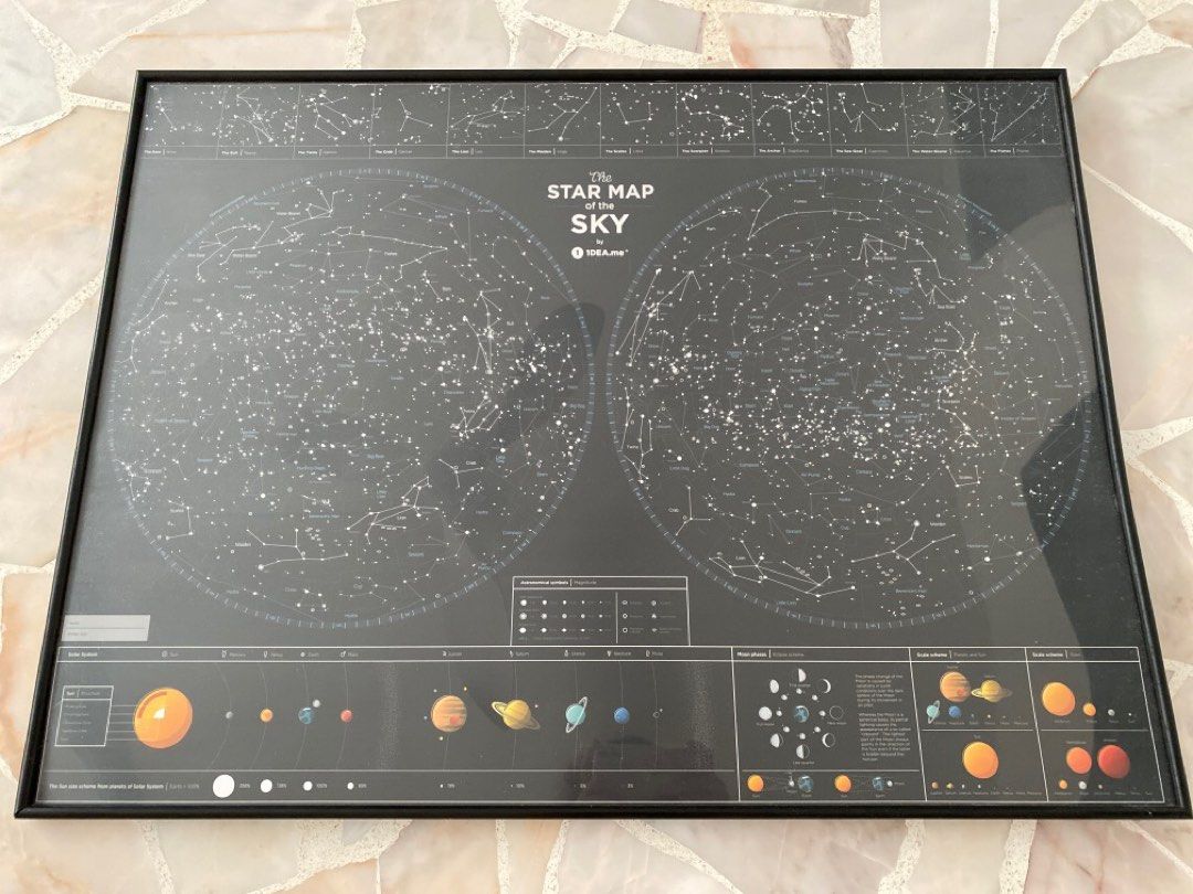 Star Map w/ Frame (art, wall deco, astronomy, constellations, zodiac ...