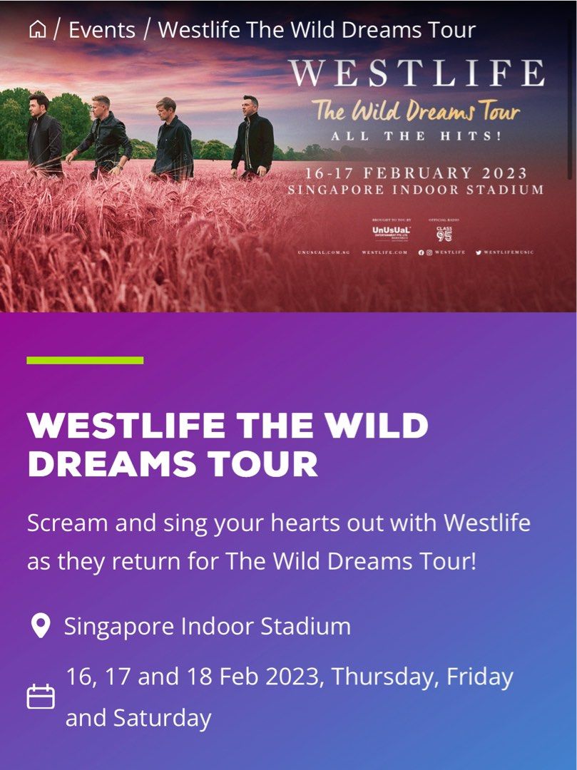 WESTLIFE THE WILD DREAMS TOUR SINGAPORE, Tickets & Vouchers, Event ...