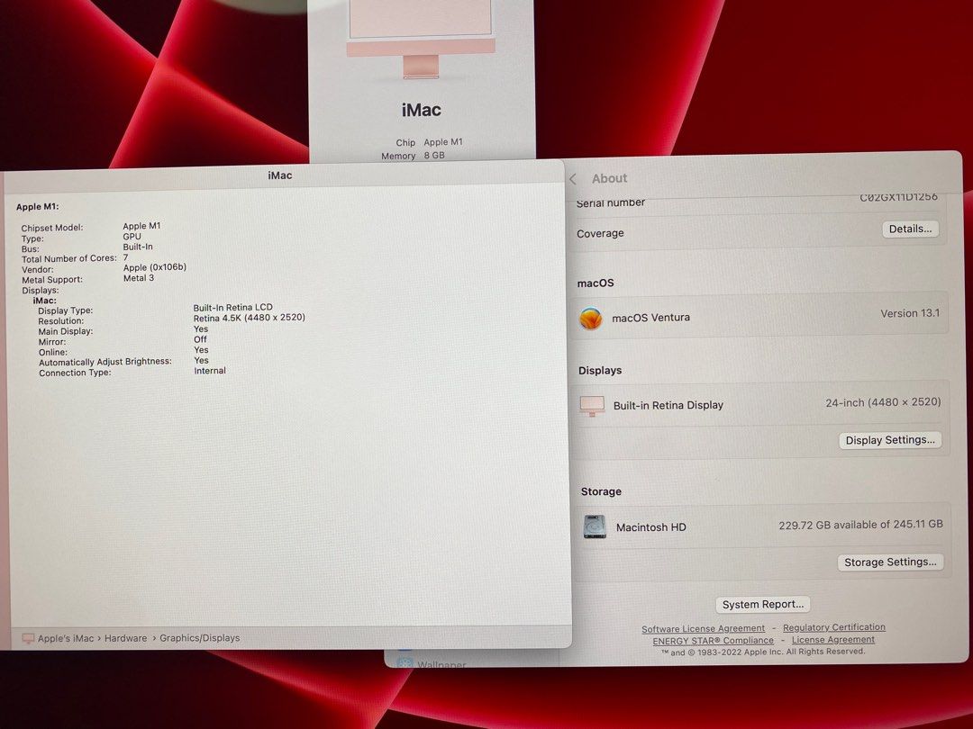 Apple iMac 2021 M1 Chip 8gb ram 256gb SSD 24" Complete Under warranty til April 2, 2023 ...