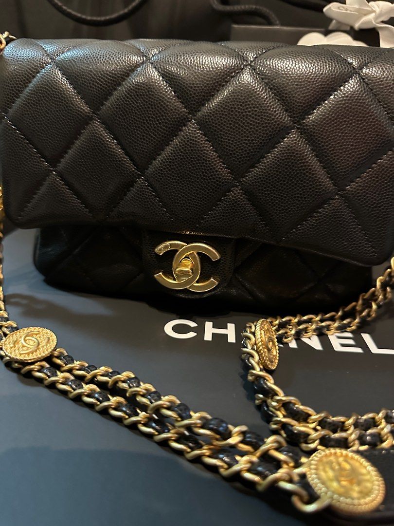 Chanel Classic Flap Bag black caviar with gold hardware golden coins ...