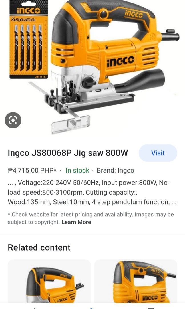 INGCO Jig Saw 800W, Commercial & Industrial, Construction Tools ...