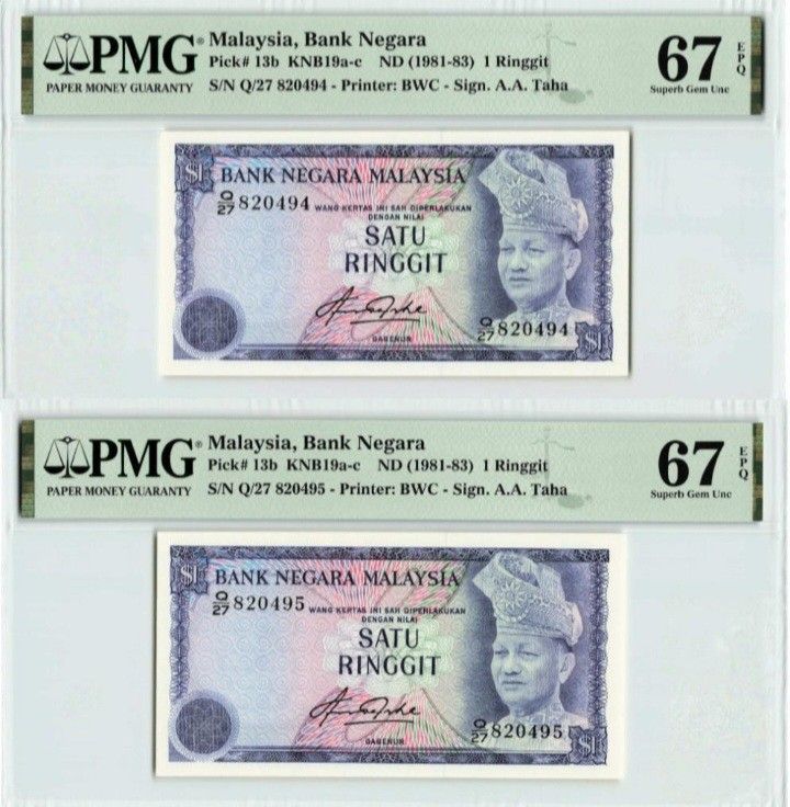 Malaysia old notes 4th RM 1 PMG 67 running note, Hobbies & Toys ...