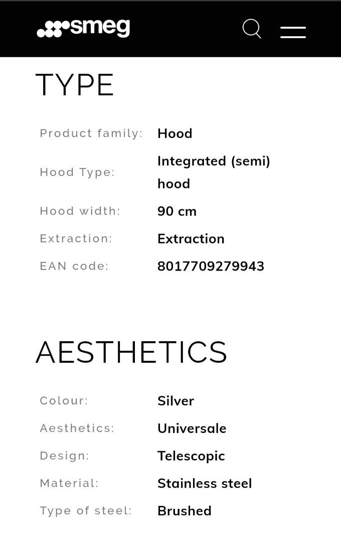 Smeg Telescopic Extraction Integrated Build-in Hood 90cm, KSET9XE2, TV ...