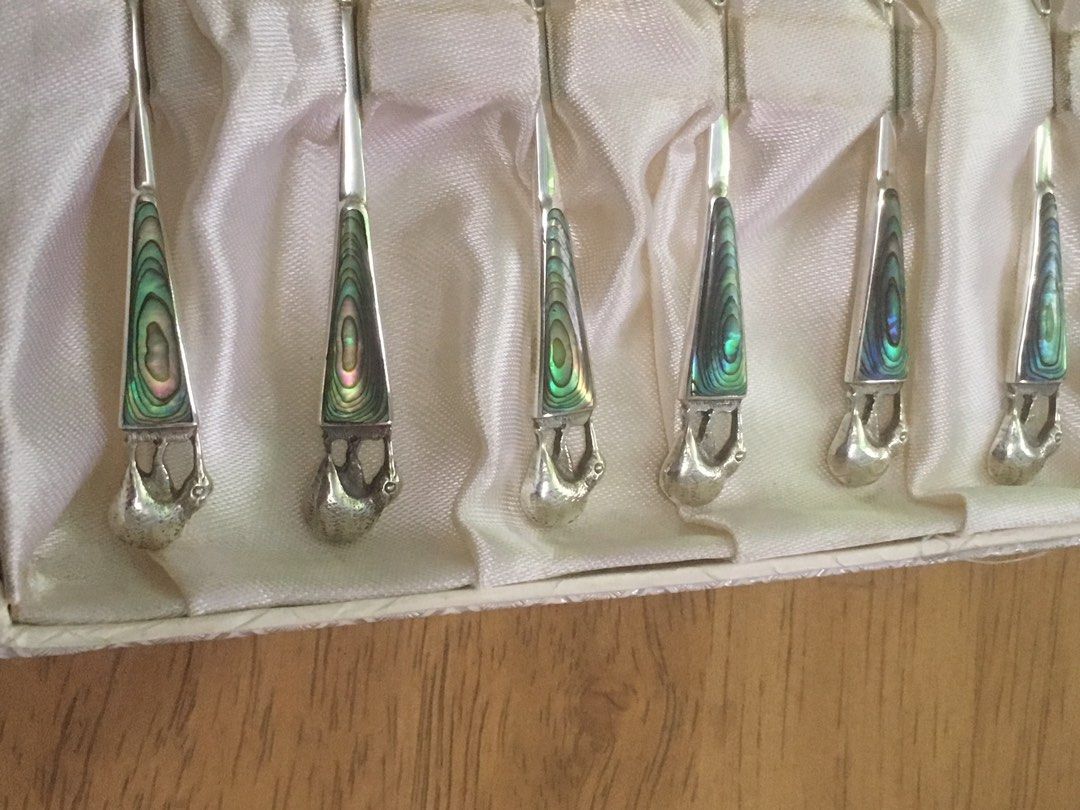 Sterling silver Set Tea Spoon Abalone or Paua Shell Kiwi Bird , Made in ...