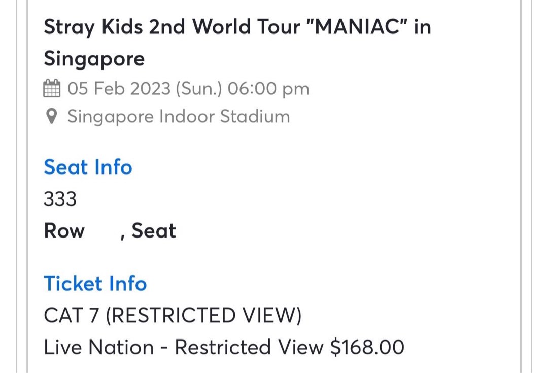 URGENT WTS STRAY KIDS MANIAC CONCERT CAT 7 SEC 333 RESTRICTED VIEW ...