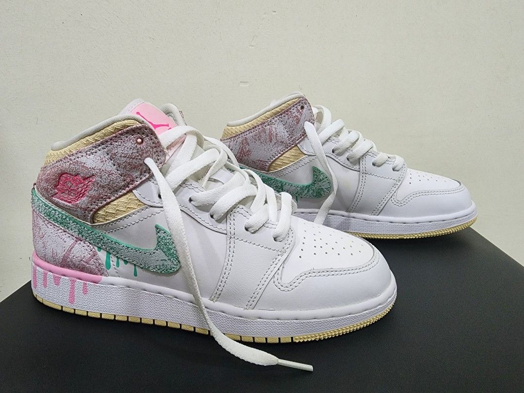 Air jordan 1 mid drip painting strawberry ice cream, Women's Fashion ...