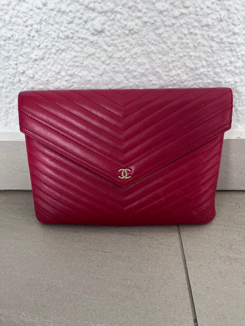 Chanel V Stitch Leather Clutch Red, Luxury, Bags & Wallets on Carousell