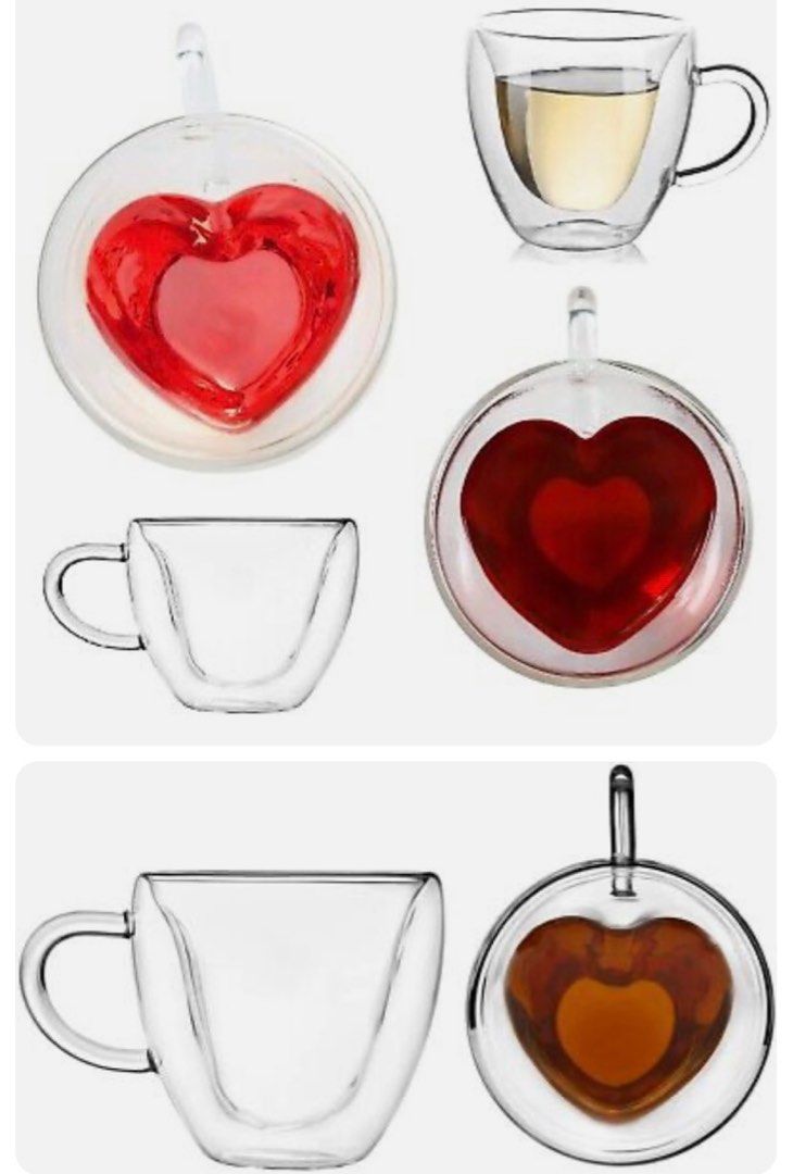 Glass Cups - double walled heart shaped cups, Furniture & Home Living ...