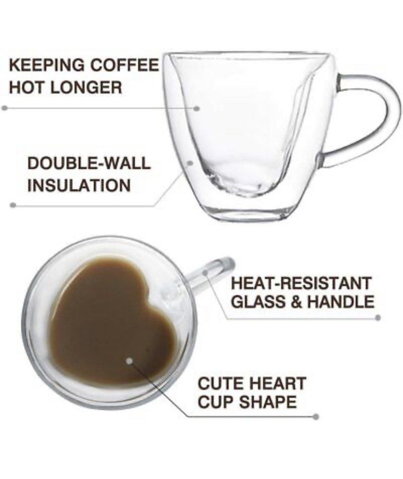 Glass Cups - double walled heart shaped cups, Furniture & Home Living ...