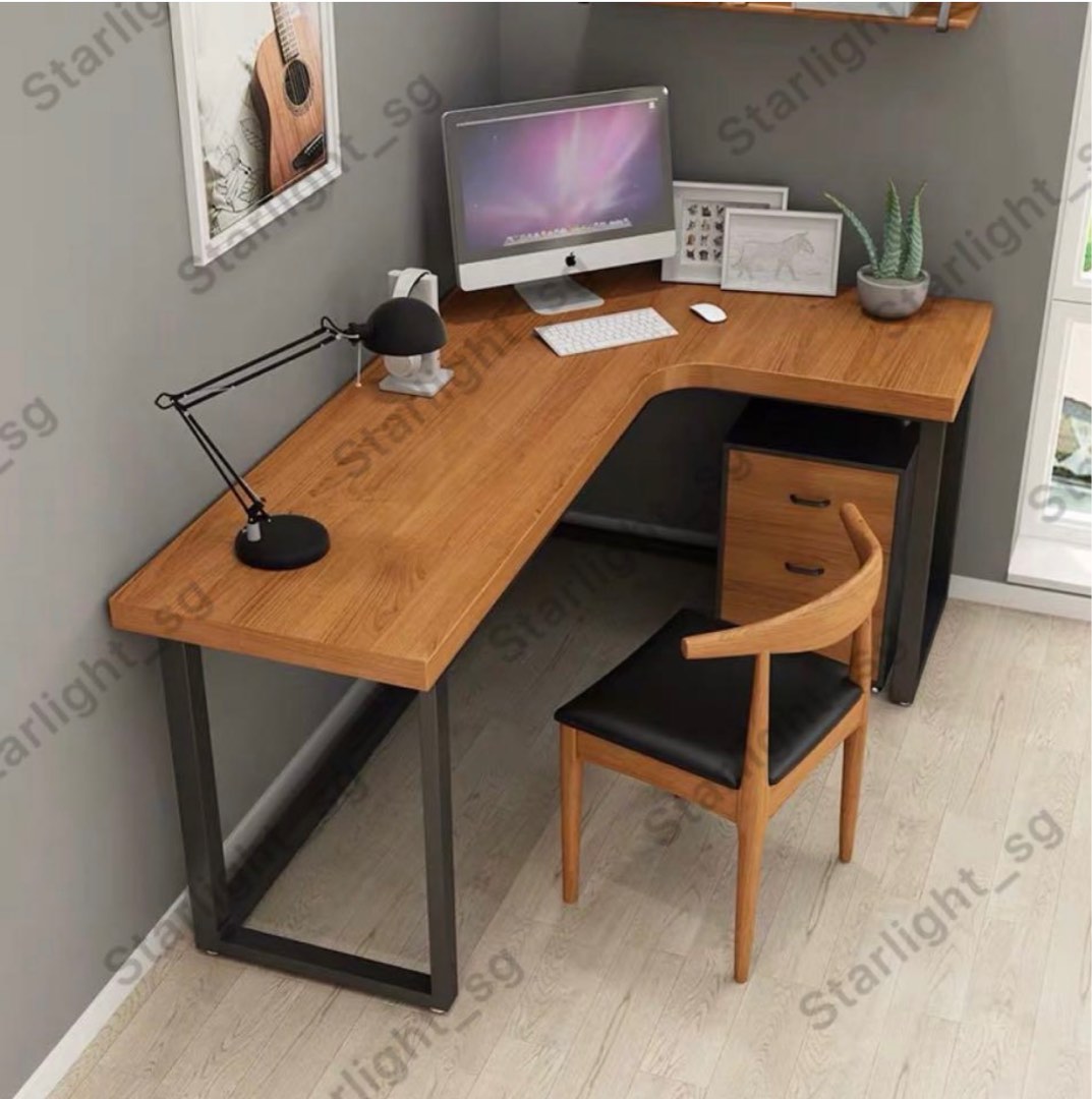 NATURAL SOLID PINE WOOD L-SHAPED STUDY TABLE, Furniture & Home Living ...