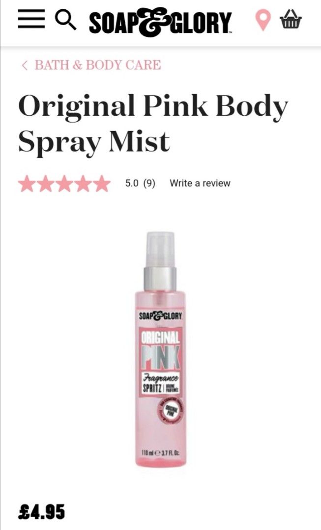 Original Pink Body Spray Mist by Soap & Glory, Beauty & Personal Care ...