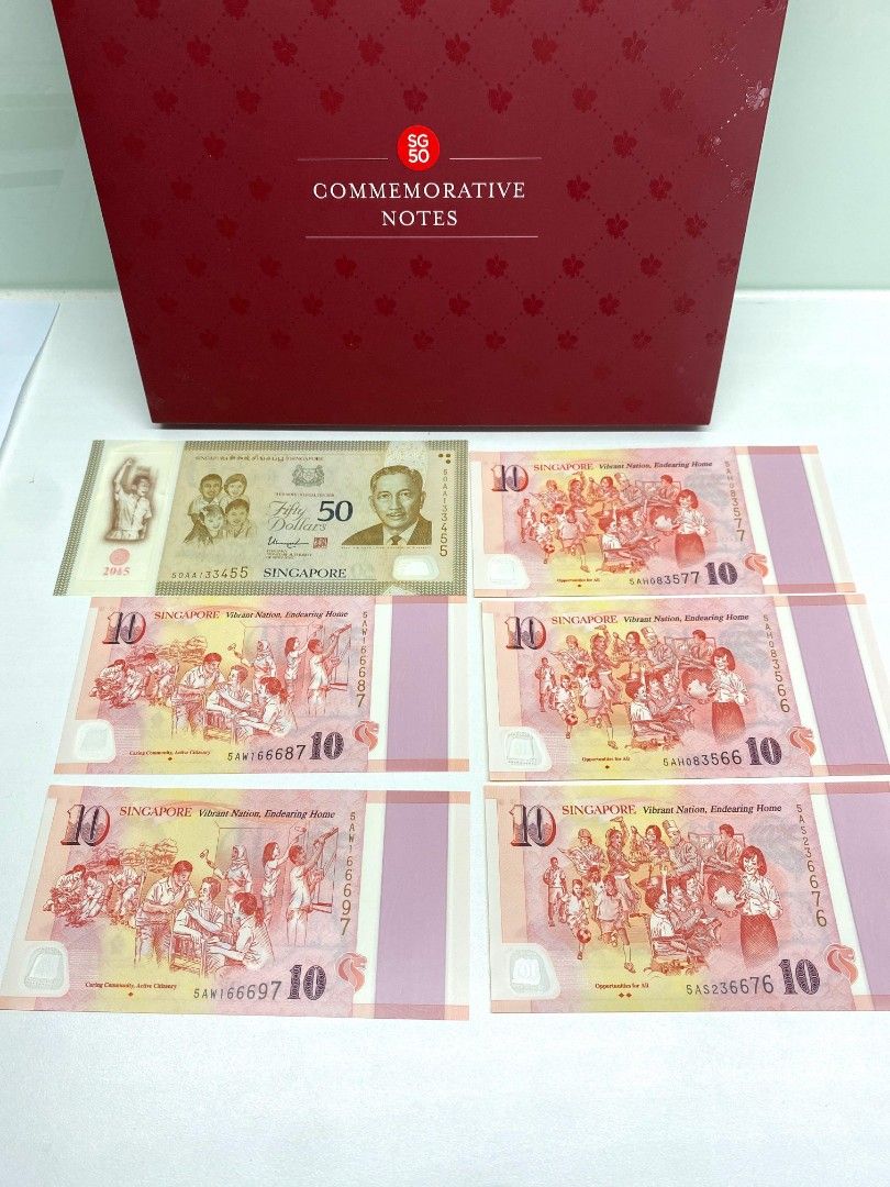 SG50 Commemorative Notes set with folder (1 x $50 + 5 x $10) issue date ...