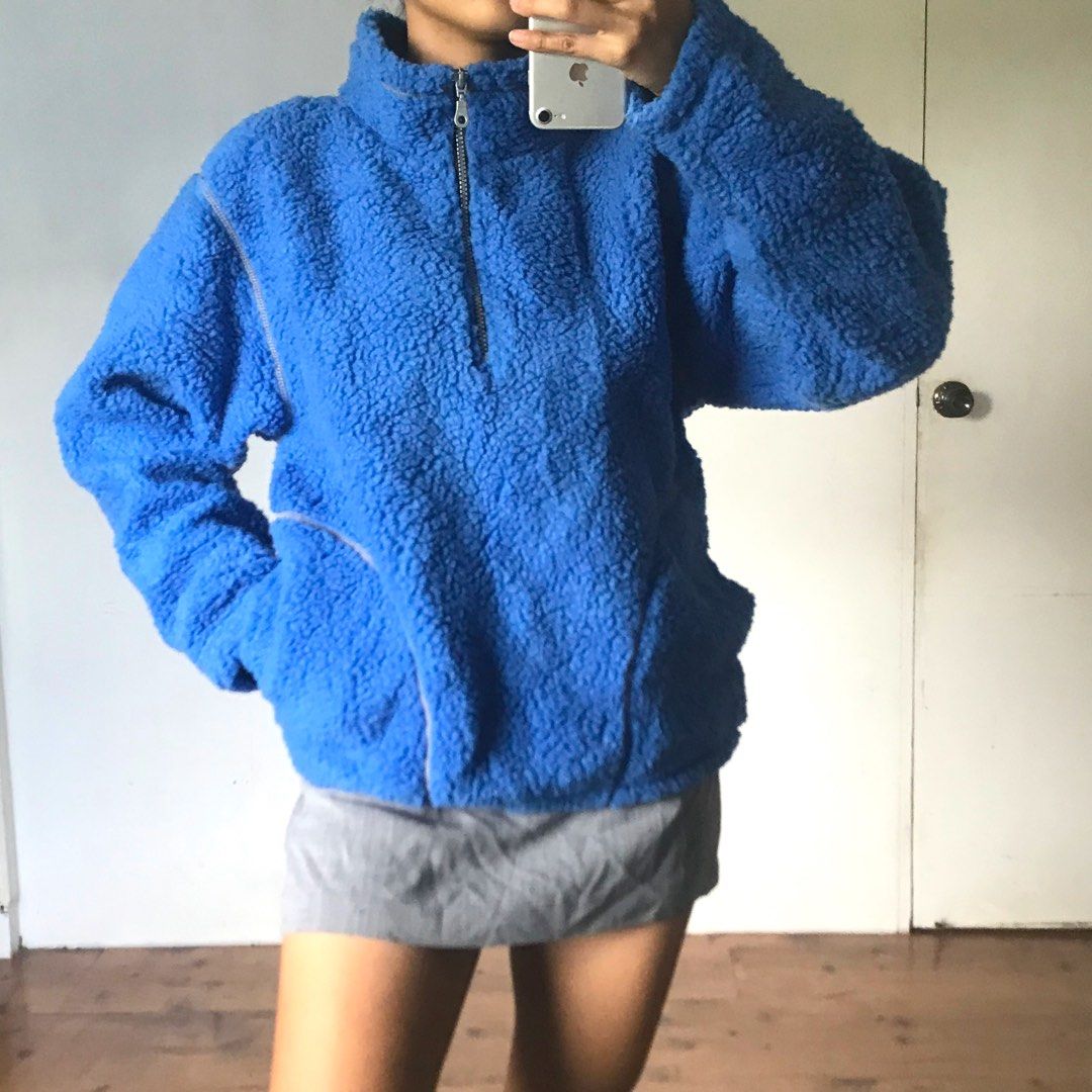 Uniqlo Cobalt Blue Teddy Bear Quarter Zip Up Collared Sweater Jacket ...