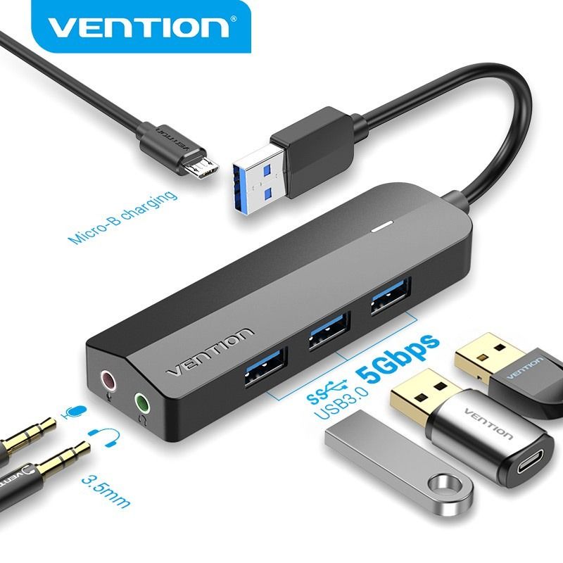 Vention USB 3.0 Hub 3 USB Ports Sound Card with 3.5mm Port & Mic 5Gbps ...