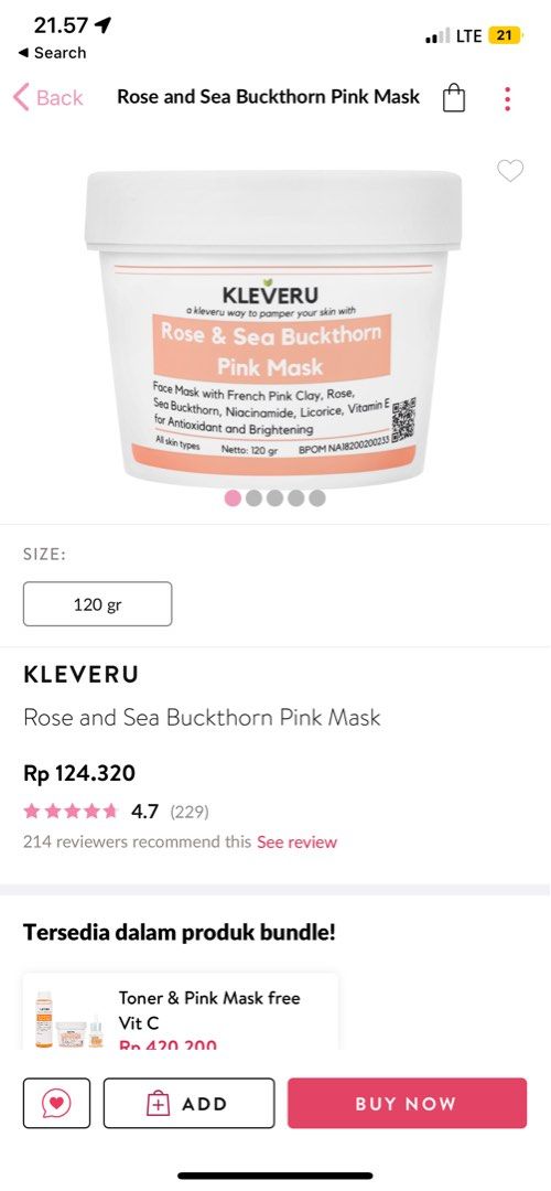 Kleveru Rose&Sea Buckthorn Pink Mask, Kesehatan & Kecantikan, Kulit ...