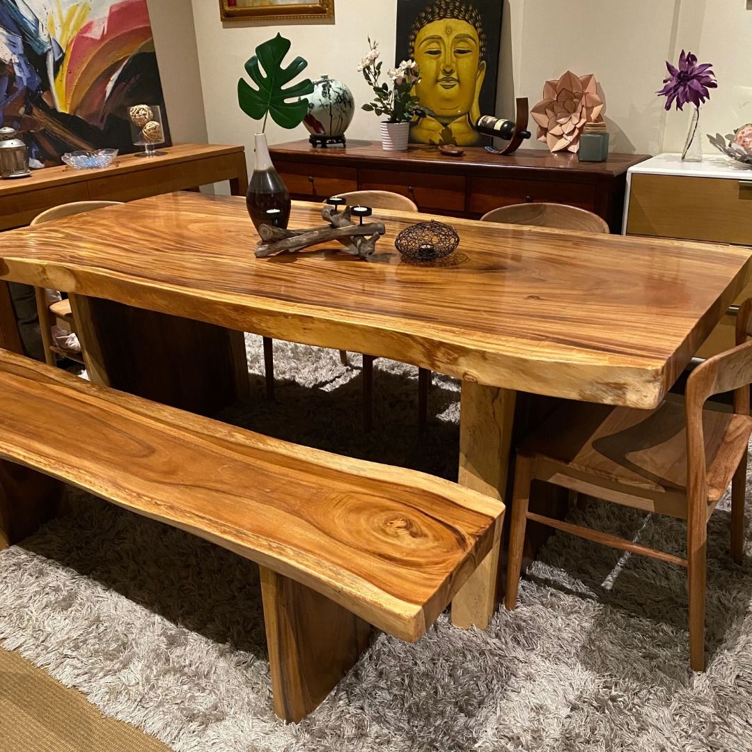 Solid Suar Wood Dining Table with 4 Chairs & Bench, Furniture & Home ...
