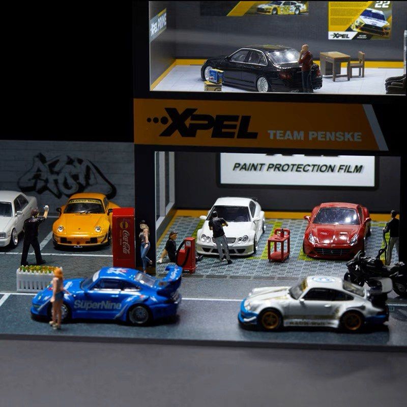 1/64 Xpel Team Penske Two floor garage diorama with outdoor carpark for ...